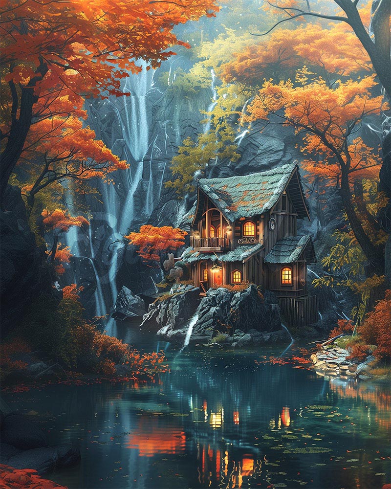 Diamond Painting - Autumn Cabin by Waterfall – Figured'Art