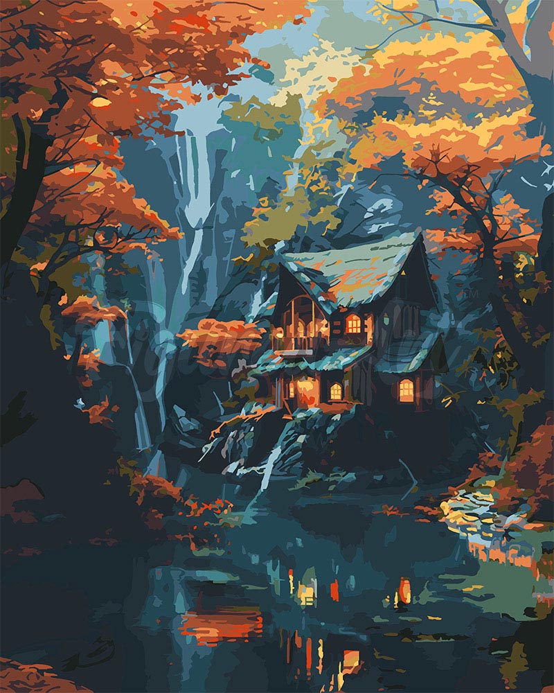 Paint by Numbers for adults UK - Autumn Cabin by Waterfall – Figured'Art