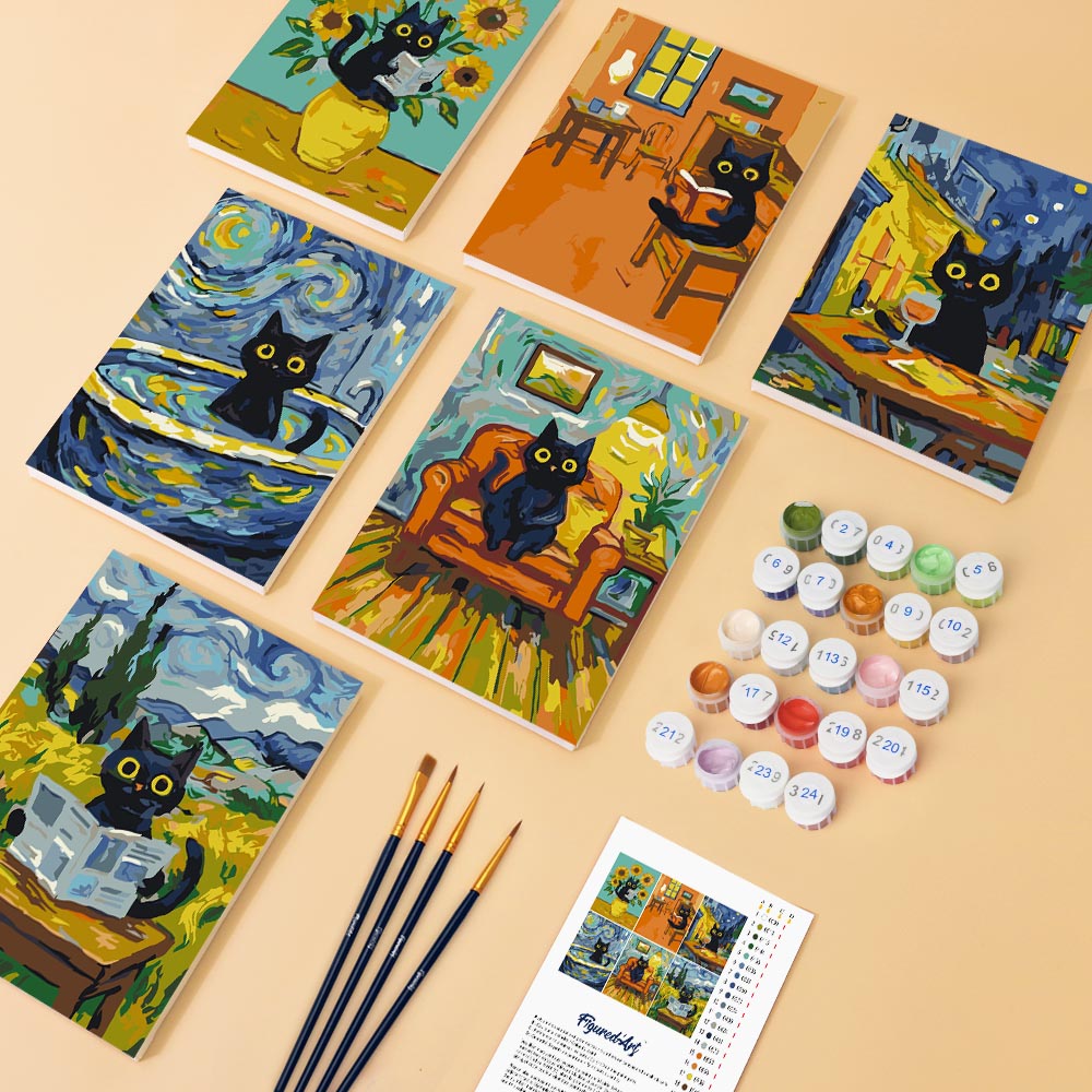 Mini Paint by numbers 15x20cm (6 pieces) - Van Gogh Style Cat – Figured'Art