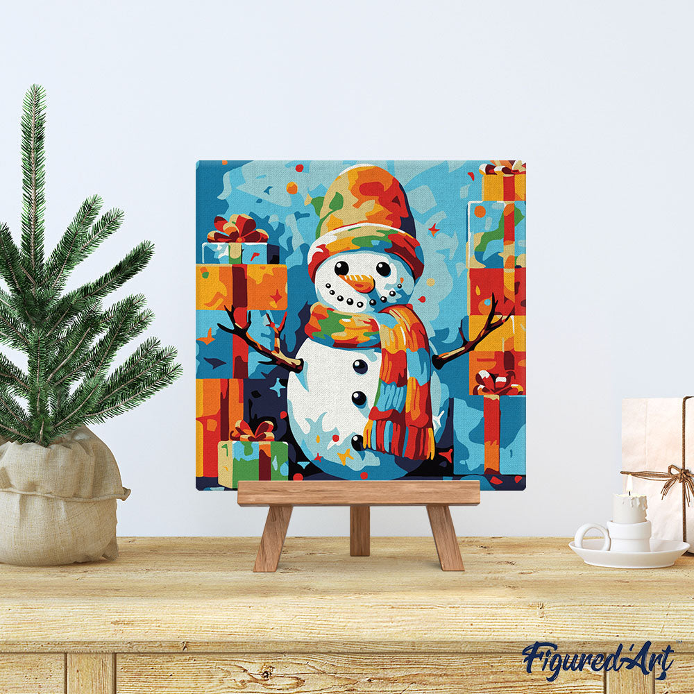 Mini Paint by numbers 8"x8" framed - Snowman and Gifts – Figured'Art